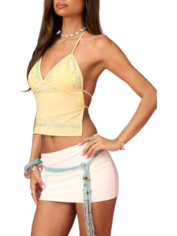 EDIKTED Barbie® Embroidered Open Back Halter Top - Light-yellow