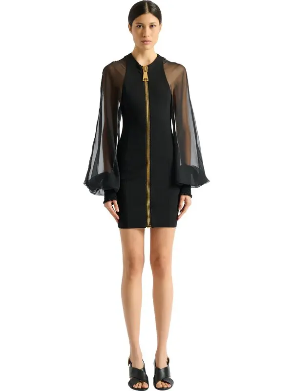 Balmain Two-tone Jersey And Muslin Dress With Gold Zip - Black