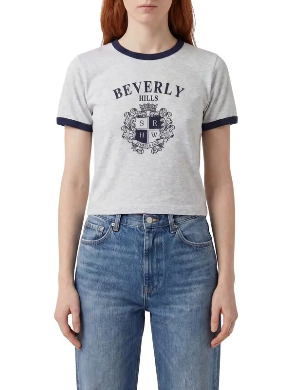 SPORTY & RICH Slim Fit Cotton T-shirt With Shield Logo And Contrast Trim - Grey