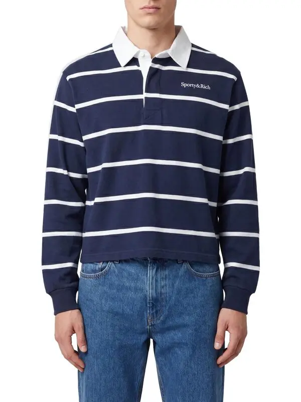 SPORTY & RICH Striped Long-sleeve Cotton Polo With Logo - Navy