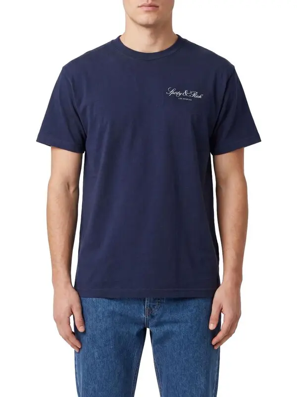 SPORTY & RICH Crewneck Cotton T-shirt With Contrast Logo - Navy