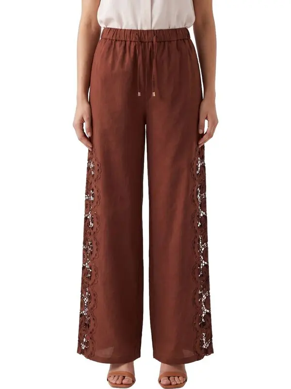 Patrizia Pepe Palazzo Trousers With Embroidered Macramé Inserts - Brown