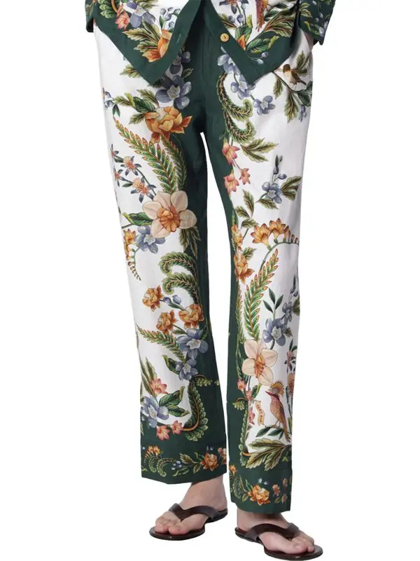 Farm Rio Floral & Tropical Print Linen & Viscose Trousers - Nude