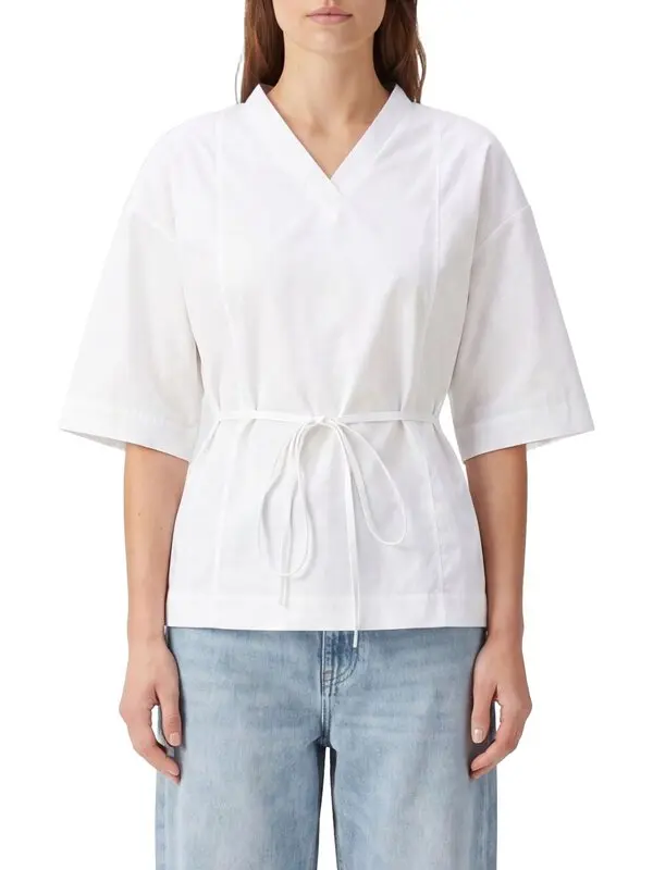 Calvin Klein V-neck Cotton Poplin Wrap Shirt - White