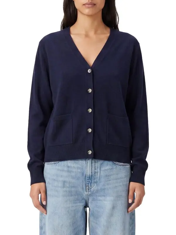 ALLUDE 100% Cashmere V-neck Cardigan With Patch Pockets - Blue 1