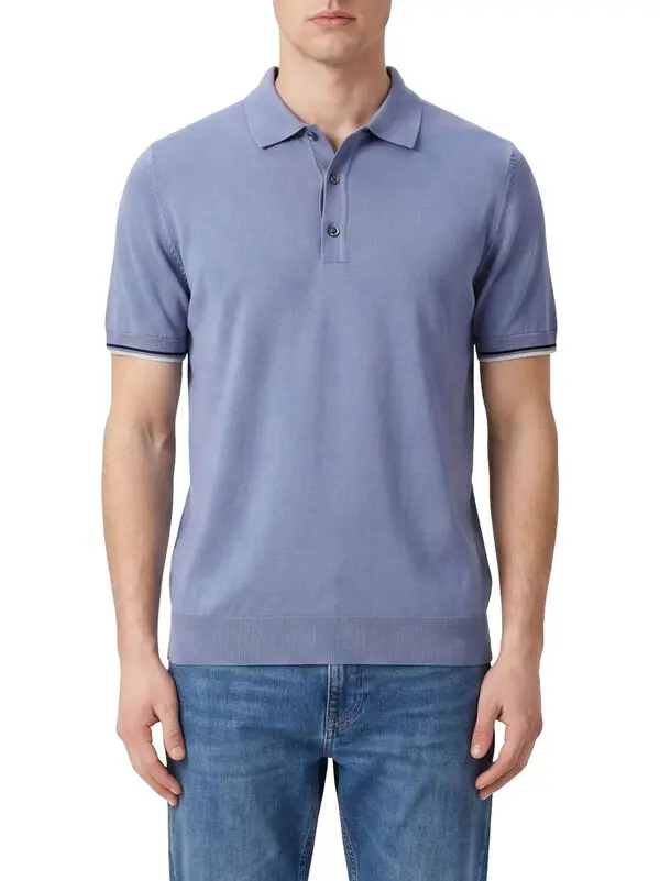 MOORER Pure Cotton Knitted Polo Shirt With Ribbed Trims - Blue