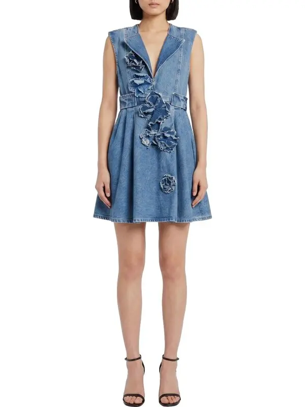 GANNI A-line Mini Dress In Recycled Denim With Floral Appliqu - Blue