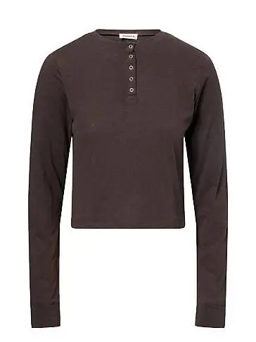 ADANOLA Slub Cotton Long Sleeve Button-up Top - Coffee Bean