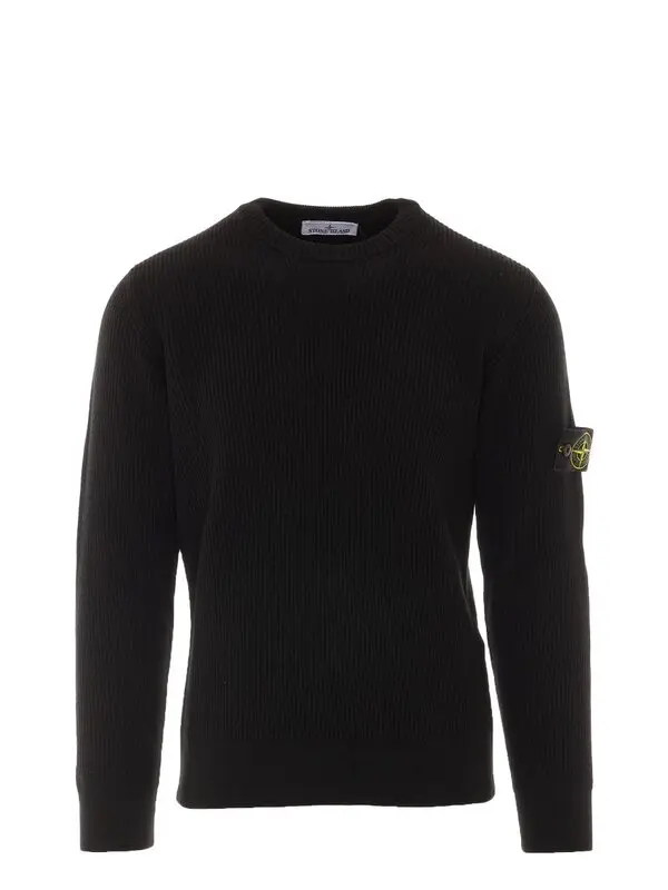 Stone Island Logo Detail Long Sleeve Crew Neck Sweater - Black