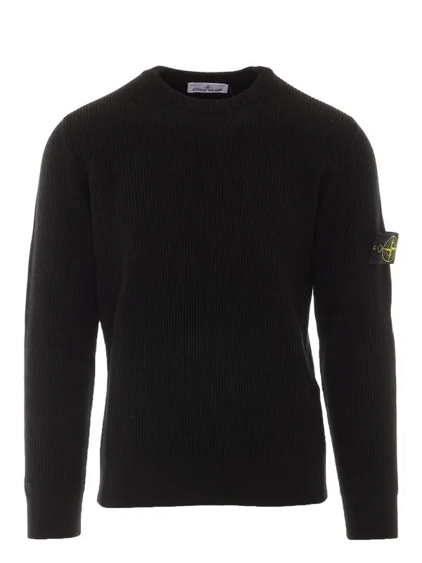 Stone Island Logo Detail Long Sleeve Crew Neck Sweater - Black