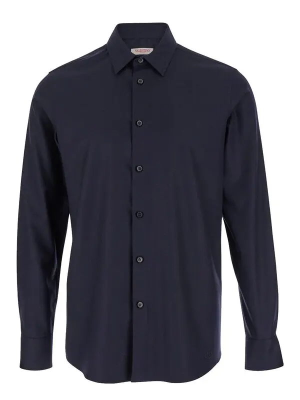 Valentino Garavani Blue Shirt With Classic Collar In Wool Blend - Multicolor