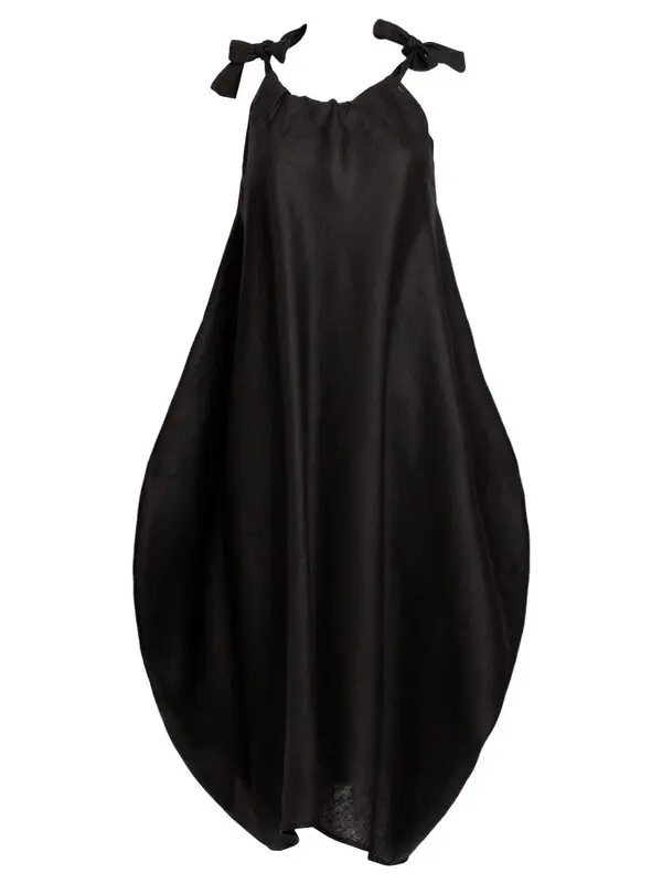 BIANCA POPP Linen Semiballoon Dress With Ribbon Ties - Black