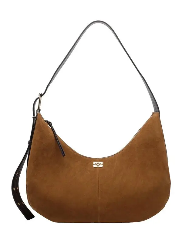 GANNI Medium Suede Hobo Bag With Logo Detail - Brown
