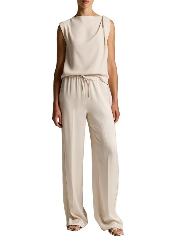 Vince Mid-rise Wide-leg Shiny Crepe Pull-on Pants With Tonal Matte Stripe Detail - Blush Cloud