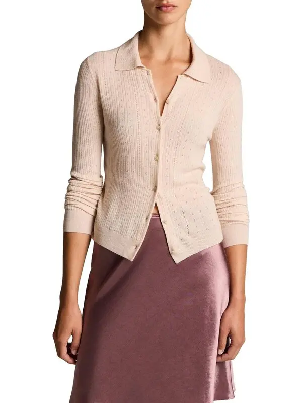 Vince Pointelle Wool Collared Cardigan - Blush Cloud