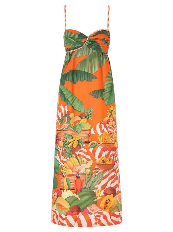 Farm Rio Fruit Trolley Sweetheart Bodice Cotton Midi Dress - Red