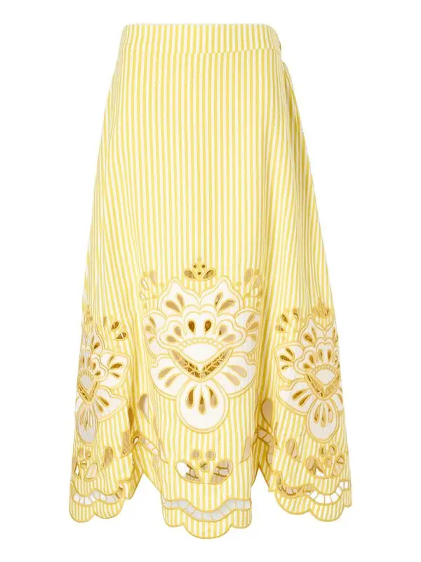 Farm Rio Striped Linen-blend Broderie Anglaise Midi Skirt - Yellow