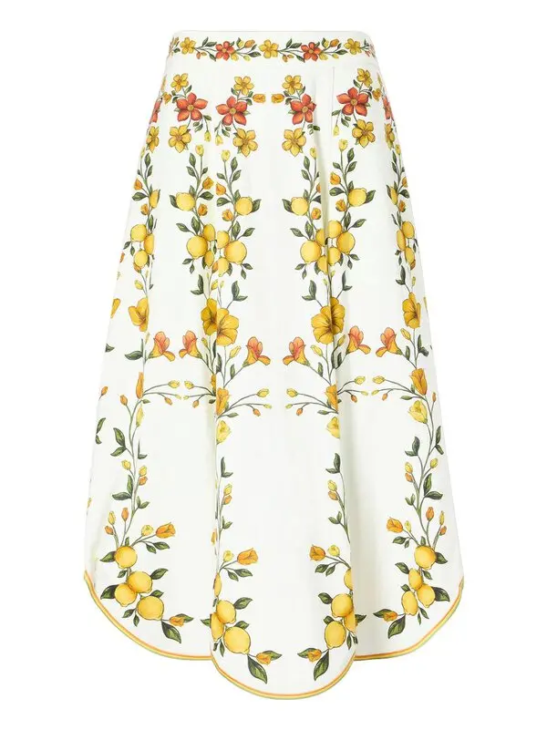 Farm Rio Lemon Bouquet Printed Linen-blend Midi Skirt - Neutrals