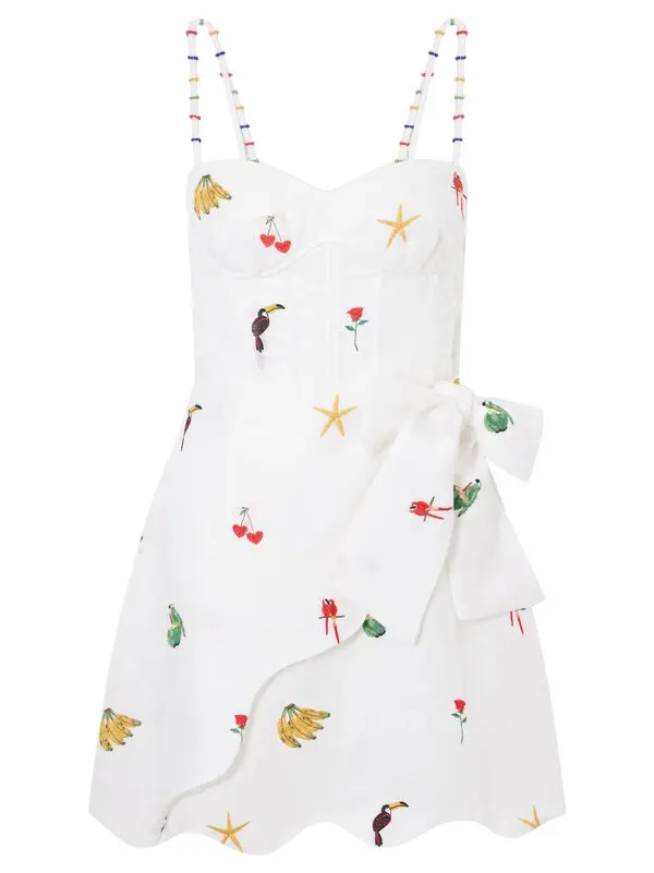 Farm Rio Scalloped Embroidered Linen Mini Dress - Neutrals
