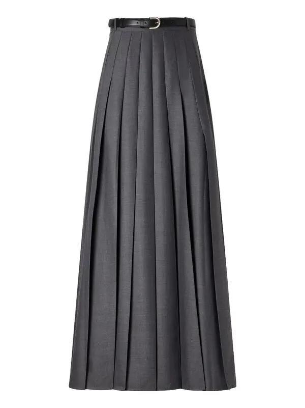 SELF-PORTRAIT Belted Pleated Maxi Skirt - Gray