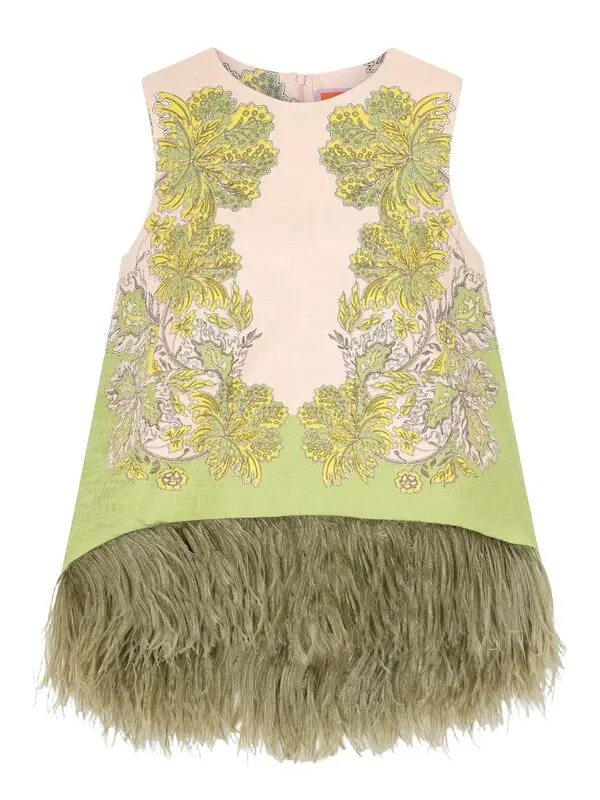 La DoubleJ La Scala Printed Feather-trimmed Cotton-blend Top - Pink