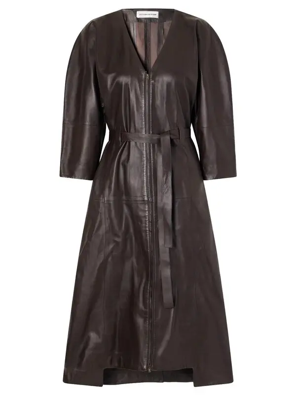 Victoria Beckham Dolman Belted Leather Midi Dress - Brown