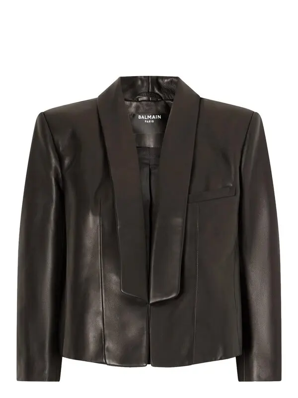 Balmain Cropped Leather Biker Jacket - Black