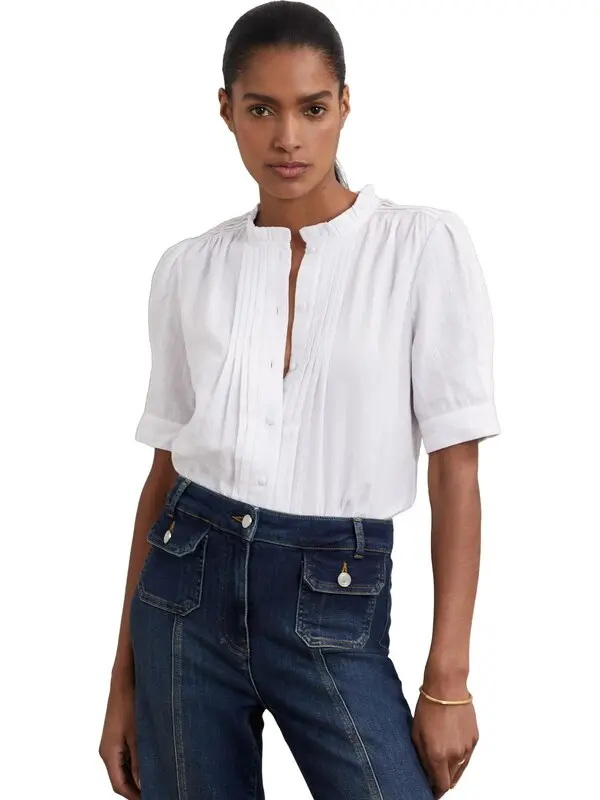 REISS Aurelia Cotton Cheesecloth Pleated Top - White