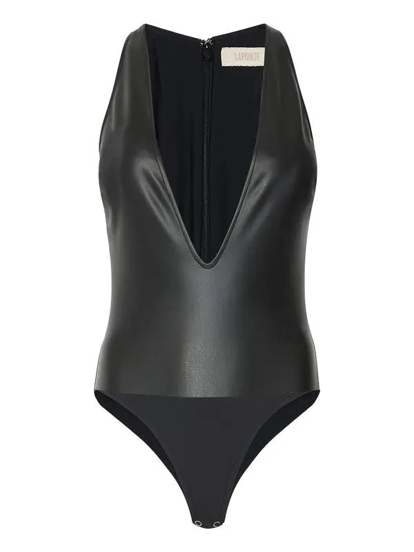Lapointe Stretch Faux Leather Plunge Neck Bodysuit - Black
