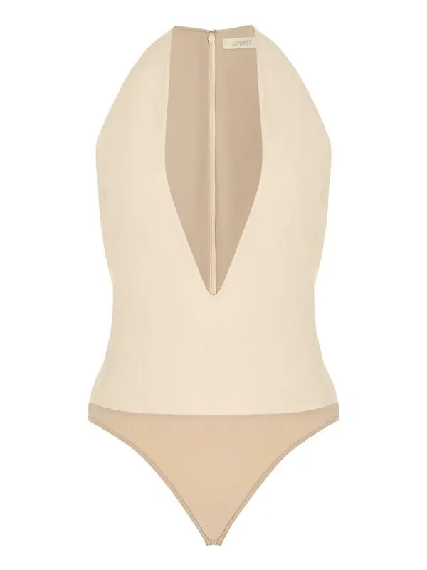 Lapointe Stretch Faux Leather Plunge Neck Bodysuit - Ecru
