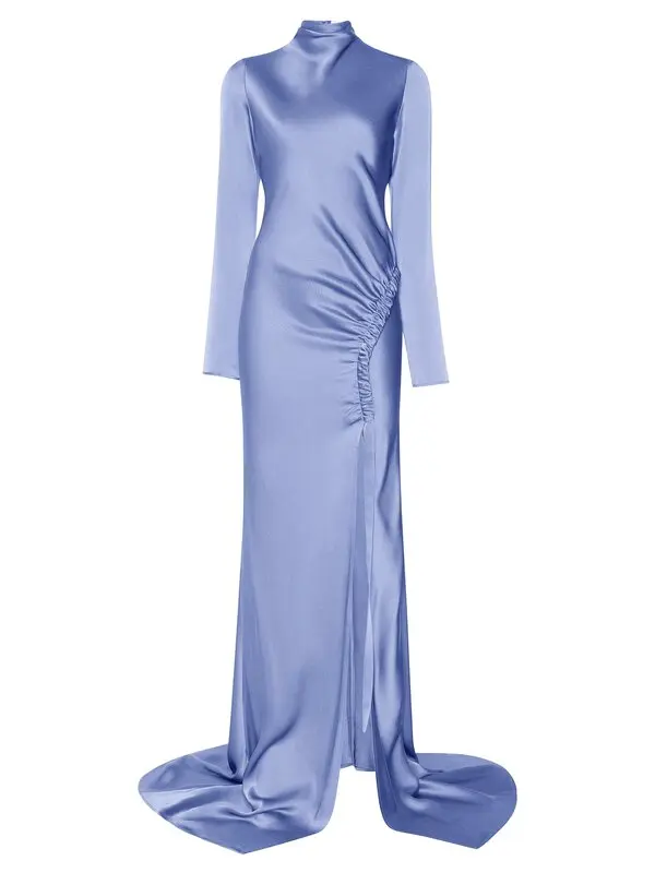 Lapointe Bias Cut Satin Gown With Slit And Shirring Detail - Periwinkle