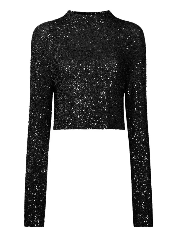 Lapointe Sequin Cashmere Mock Neck Cropped Top - Black