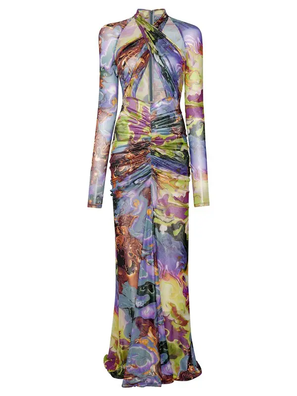 Lapointe Printed Mesh Halter Ruched Gown - Marble