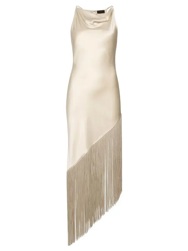 Lapointe Asymmetrical Cowl Neck Fringe Midi Dress - Ecru