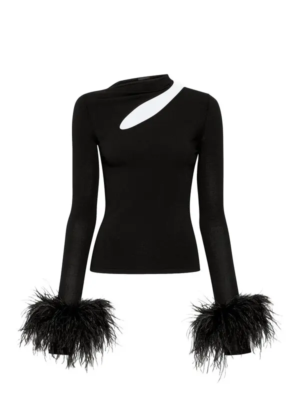 Lapointe Matte Viscose Asymmetrical Top With Feather Trim - Black