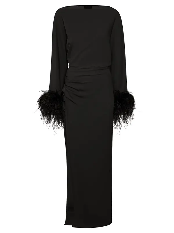 Lapointe Stretch Drape Crepe Off-the-shoulder Dress With Feather Embellishments - Black
