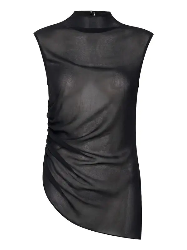 Lapointe Mock Neck Ruched Georgette Top - Black