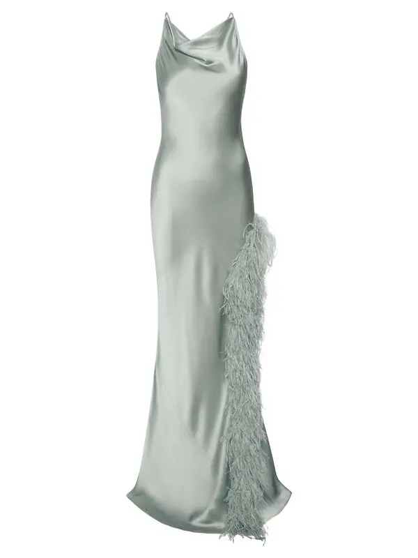 Lapointe Feather-trimmed Halter Gown - Jade