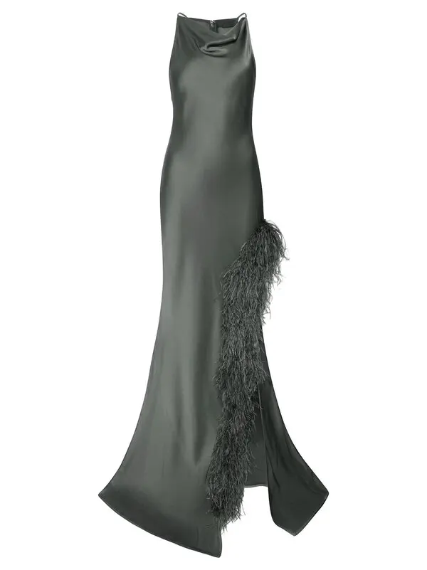 Lapointe Feather-trimmed Halter Gown - Pine