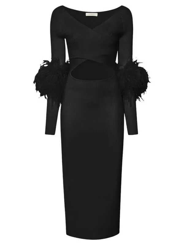 Lapointe Matte Viscose Cross Front Midi Dress With Feathers - Black