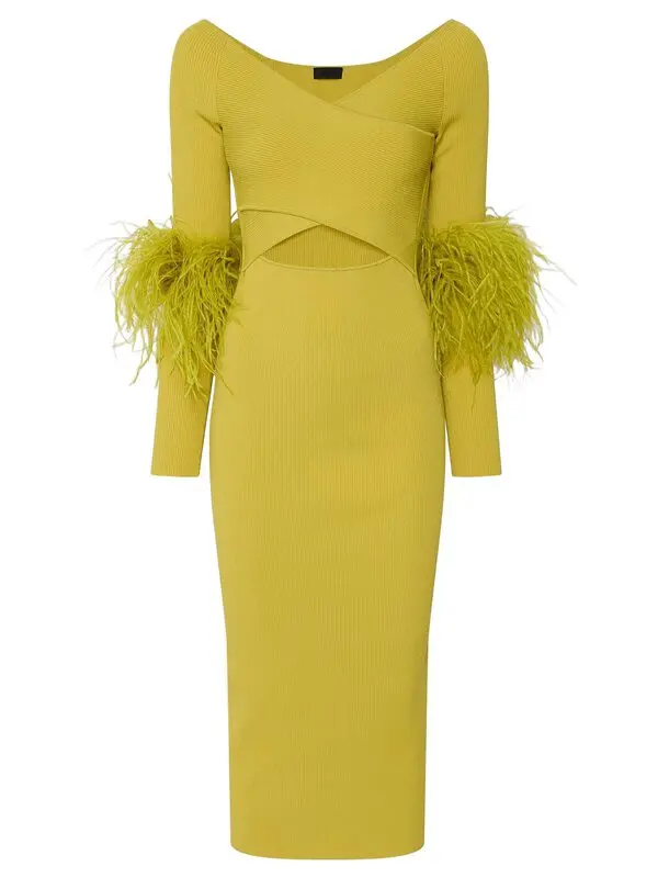 Lapointe Matte Viscose Cross Front Midi Dress With Feathers - Chartreuse