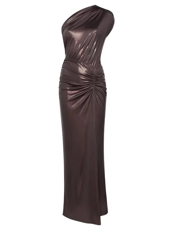 Lapointe One Shoulder Ruched Coated Jersey Maxi Dress - Mocha