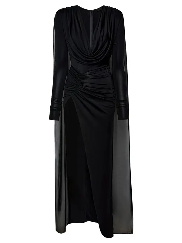 Lapointe Jersey Cowl Neck Slit Gown With Georgette Cape - Black
