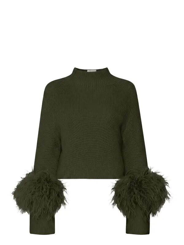 Lapointe Merino Wool Mock Neck Sweater With Feather Embellishment - Pine