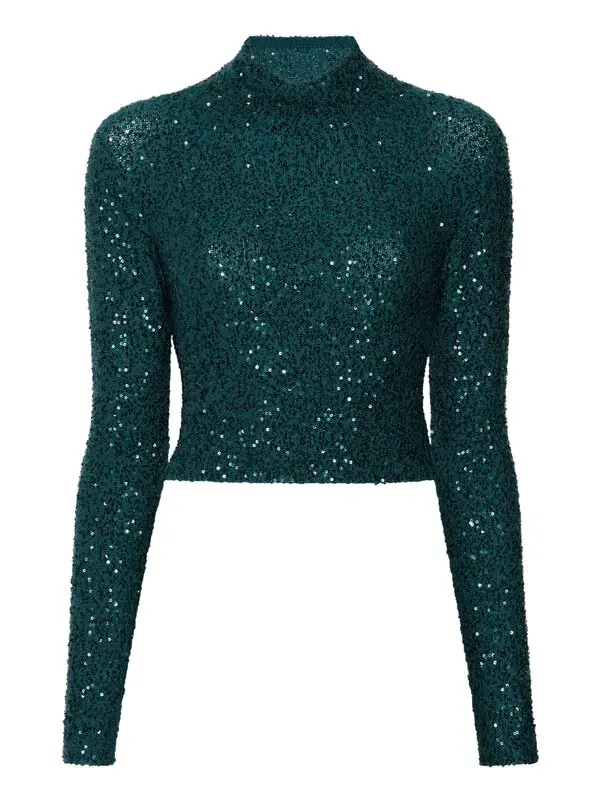 Lapointe Cashmere Sequin Mock Neck Cropped Top - Emerald