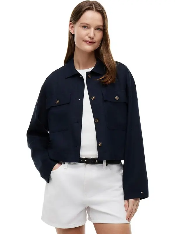 Tommy Hilfiger Linen-blend Cropped Shirt Jacket - Navy Blue
