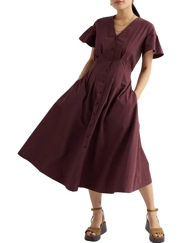 SEASALT CORNWALL Organic Cotton Button-up Midi Dress With Flutter Sleeves - Cacao
