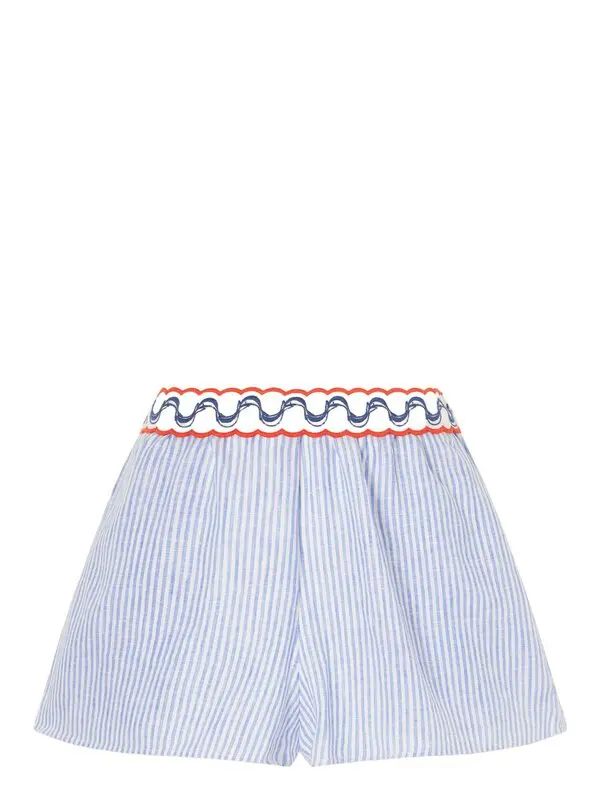 Farm Rio Embroidered Striped Linen Shorts - Blue