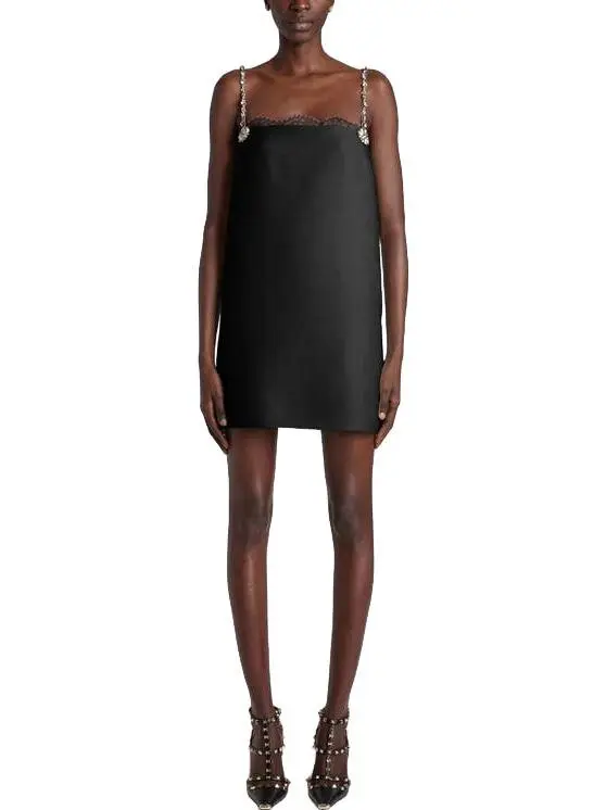 Valentino Garavani Wool & Silk Crepe Mini Dress With Crystal And Lace Trim - Black/silver