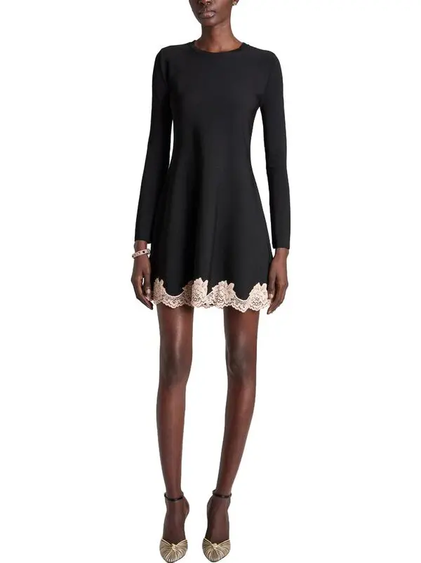 Valentino Garavani Lace Trim Long Sleeve Sweater Dress - Black
